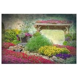 Fototapete papermoon "GARTEN-RETRO VINTAGE BLUME PFLANZEN PARK STEINE PERGOLA", bunt, B:5m L:2,8m, Vlies, Tapeten