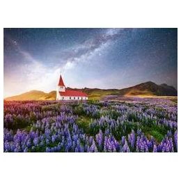 Fototapete papermoon "BLUMEN-WIESE-FELD ISLAND KIRCHE STERNE HIMMEL BERGE", bunt, B:3,5m L:2,6m, Vlies, Tapeten