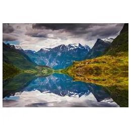 Fototapete papermoon "FJORD NORWEGEN-SEE GEBIRGE BERGE ALPEN SONNE DORF MEER", bunt, B:4,5m L:2,8m, Vlies, Tapeten