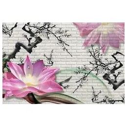Fototapete papermoon "LOTUSBLUME-STEINWAND GRAFFITI BLUMEN 3D DESIGN BLUME", bunt, B:4,5m L:2,8m, Vlies, Tapeten