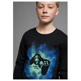 Langarmshirt Kidsworld "GAMER", Jungen, Gr. 140/146, schwarz, Jersey, Obermaterial: 100% Baumwolle, bedruckt, Basic, Basic, Rundhals, Shirts Langarmshirt, Gamer-Shirt Langarm, Basic-Passform, mit trendigem Aufdruck