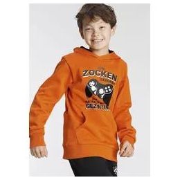 Kapuzensweatshirt Kidsworld "F&Uuml;R ZOCKER", Jungen, Gr. 152/158, orange, angeraute Sweatware, Obermaterial: 100% Baumwolle. Kapuzenfutter: 100% Baumwolle, bedruckt, Basic, Rippb&uuml;ndchen, Sweatshirts, Langarm, mit Rippb&uuml;ndchen, bedruckt