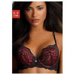 Push-up-BH JETTE, Damen, Gr. 85, Cup A, schwarz (schwarz, rot), Spitze, Obermaterial: 90% Polyamid, 10% Elasthan, BHs BH Push-up-BH Spitzenw&auml;sche Spitzen-BH, mit raffinierten Tr&auml;gern in B&auml;nder-Optik, sexy Dessous