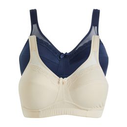 Entlastungs-BH bonprix, Damen, Gr. 95, Cup D, beige (sandbeige, dunkelblau), Obermaterial: 86% Polyamid, 14% Elasthan. Futter: 100% Baumwolle. Spitze: 87% Polyamid, 13% Elasthan, unifarben, BHs Entlastungs-BH, im praktischen 2er-Pack, mit breiten, gepolsterten Tr&auml;gern