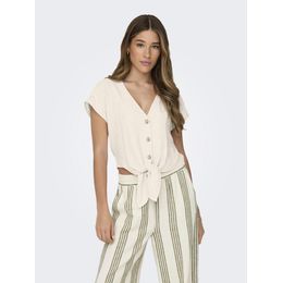 Kurzarmbluse Only "ONLSIESTA SS KNOT LIN BL SHIRT PNT NOOS", Damen, Gr. S, buttercream, Web, Obermaterial: 80% Viskose, 20% Leinen, unifarben, regular fit kurz, V-Ausschnitt, Blusen, Viskosemischung, regular fit