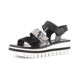 Keilsandalette Gabor, Damen, Gr. 43, schwarz, wei&szlig;, Glattleder, Ziegenveloursleder, Reptilienpr&auml;gung, Schuhe, Plateau, Riemchensandale, Sommerschuh mit Kontrastbesatz