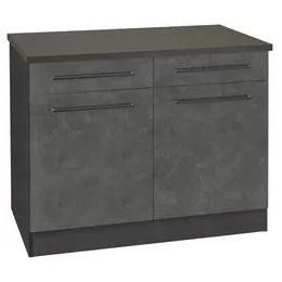 Unterschrank KOCHSTATION "KS-Tulsa", grau (betonfarben dunkel), B:100cm H:85cm T:60cm, Schr&auml;nke, Unterschrank, 100 cm breit, 2 Schubk&auml;sten, 2 T&uuml;ren, schwarzer Metallgriff, MDF Front