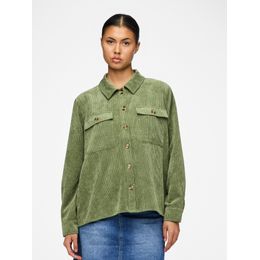 Hemdbluse Pieces "PCEFFI LS SHIRT WVN NOOS", Damen, Gr. XL, gr&uuml;n (olivine), Cord, Obermaterial: 92% Polyester, 8% Nylon, unifarben, loose fit Po-bedeckend, Blusen Hemdbluse, Materialmix, loose fit