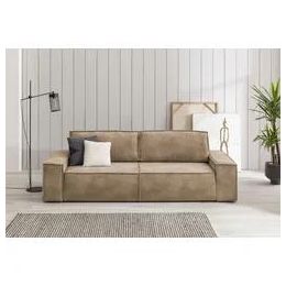 3-Sitzer Home Affaire "SHERWOOD Schlafsofa (257cm) Cord, Samtvelours, Vintage-Lederoptik", beige, B:257cm H:85cm T:106cm, 100% Polyester, Sofas, Schlaffunktion mit Bettkasten (ca. 136/200cm)