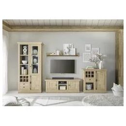 Wohnwand Home Affaire "Cornwall, Anbauwand im Landhausstil, Wohnzimmer-Set, Eiche Dekor", braun (eiche), B:382cm H:214cm T:42cm, Holzwerkstoff, Kastenm&ouml;bel-Sets, Wohnwand, enth&auml;lt Vitrine, Lowboard, Kommode, Wandboard, 382 cm breit