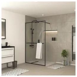 Walk-in-Dusche MARWELL "Black Frame Shelf", schwarz, B:100cm H:200cm T:90cm, Duschw&auml;nde, mit ausziehbarem Handtuchhalter, hochwertige Aluminiumrahmen