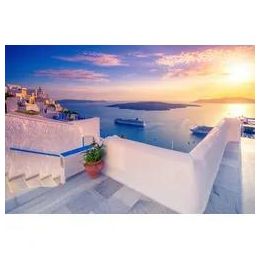 Fototapete papermoon "TERRASSE-SANTORINI SEE MEER STRAND PALMEN D&Uuml;NEN SCHIFFE", bunt, B:4m L:2,6m, Vlies, Tapeten