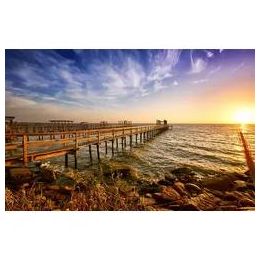 Fototapete papermoon "HOLZ-BR&Uuml;CKE-TEXAS PIER STEG MEER SEE STRAND SONNE BUCHT", bunt, B:5m L:2,8m, Vlies, Tapeten