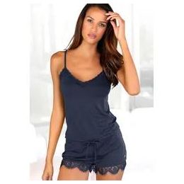 Playsuit Lascana, Damen, Gr. 44, N-Gr, blau, Single Jersey, Obermaterial: 66% Polyester, 29% Viskose, 5% Elasthan, figurumspielend kurz, V-Ausschnitt, Overalls, mit Spitzensaum