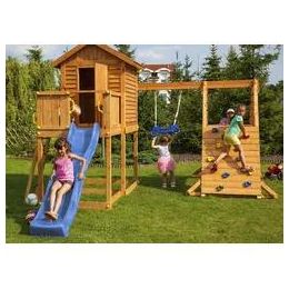 Spielturm Fungoo "My HOUSE Spider+", braun (blau), Spielt&uuml;rme, KinderB:410cm H:285cm T:570cm, Holz, Metall, Polyethylen, mit Schaukel & Rutsche, Klettererweiterung, Spielhaus, Sandkasten, B:410cm H:285cm T:570cm