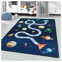Kinderteppich Ayyildiz TEPPICHE "PLAY 2910", blau (navy), B:120cm H:6mm L:170cm, Polyamid, Teppiche, Kinderteppich, robuster Kurzflor, Weltall, Zahlen Spiele H&uuml;pf Teppich, Kinderzimmer
