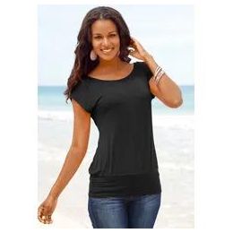 Longshirt Lascana "mit breitem Bund", Damen, Gr. 40/42, schwarz, Obermaterial: 95% Viskose (LENZINGTM ECOVEROTM), 5% Elasthan, unifarben, figurumspielend lang, Rundhals, angeschnitten normaler Saum, Shirts Longshirt, aus weichem Viskose-Stretch