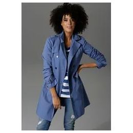 Trenchcoat Aniston CASUAL, Damen, Gr. 40, blau (rauchblau), Web, Obermaterial: 100% Baumwolle. Futter: 100% Polyester, unifarben, figurumspielend ca. Mitte Oberschenkel, verstellbar, M&auml;ntel, mit G&uuml;rtel zum Regulieren, Topseller