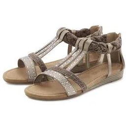 Sandale Lascana "Sommerschuh, Sandalette", Damen, Gr. 43, grau (taupe), Obermaterial: 100% Lederimitat. Decksohle: 100% Lederimitat. Futter: 100% Lederimitat. Laufsohle: 100% Lederimitat, Glitzer, unifarben, Basic, Schuhe Sandale, mit Glitzersteinen und kleinem Keilabsatz im Festival-Look VEGAN