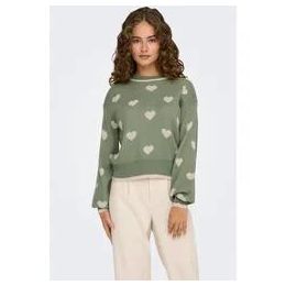 Jacqueline de Yong Rundhalspullover JDY "JDYROMANCE L/S JACQ. PULLOVER KNT NOOS", Damen, Gr. M, gr&uuml;n (sea spray detail:w tapioca heart jacquard), Strick, Obermaterial: 100% Polyacryl, gemustert, normal, Rundhals, Pullover Rundhalspullover