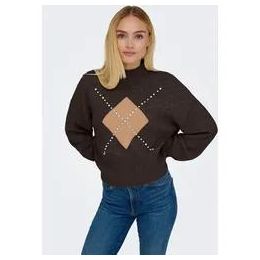 Strickpullover Only "ONLWAKEFIELD LIFE LS BLING HIGHNECK KNT", Damen, Gr. L, chocolate torte detail:tan, mel, silber bling, Strick, Obermaterial: 63% Polyester, 33% Polyacryl, 4% Elasthan, bedruckt, regular fit normal, hoch geschlossener Ausschnitt, Rippb&uuml;ndchen, Pullover Strickpullover