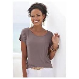 Kurzarmshirt Vivance "mit H&auml;kelspitze am R&uuml;cken", Damen, Gr. 44/46, grau (taupe), Single Jersey, Obermaterial: 95% Viskose (LENZINGTM ECOVEROTM), 5% Elasthan. Spitze: 100% Baumwolle, unifarben, l&auml;ssig geschnitten normal, Rundhals, angeschnitten, Shirts, aus weichem Viskose-Stretch