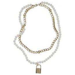 Edelstahlkette Urban Classics "Urban Classics Unisex Padlock Pearl Layering Necklace", gold, Halsketten, Herren, onesize, Edelstahlkette