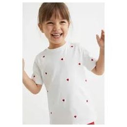 T-Shirt KIDS Only "KOGKETTY LIFE S/S O-NECK TOP JRS NOOS", M&auml;dchen, Gr. 146/152, hellwei&szlig; aop:hearts, barbados cherry, Jersey, Obermaterial: 100% Baumwolle, bedruckt, Basic normal, Rundhals, Shirts T-Shirt