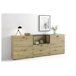 Sideboard ByLiving "Frame", artisan eiche, B:200cm H:75,5cm T:37,5cm, FSC-zertifizierter Holzwerkstoff, Glas, Kunststoff, Metall, Sideboards, Sideboard, moderne Kommode mit Metalleinsatz und Glasplatte, 200cm breit.