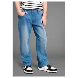 Loose-fit-Jeans Kangaroos "Jeans mit weitem Bein", Jungen, Gr. 158, N-Gr, blau (blau stone w), Denim/Jeans, Obermaterial: 98% Baumwolle, 2% Elasthan, bestickt, bequem, Jeans, mit Logo-Stickerei