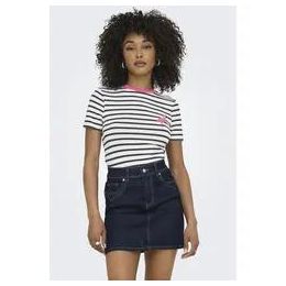 Kurzarmshirt Only "ONLHEART LIFE S/S TEE JRS NOOS", Damen, Gr. XS, cloud dancer stripes flamingo, Jersey, Obermaterial: 95% Viskose, 5% Elasthan, gestreift, regular fit normal, Rundhals, Shirts, Topseller