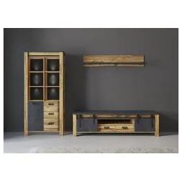 Wohnwand Home Affaire "York, moderne Anbauwand, Wohnzimmer-Set in Hunton Oak, 201 cm breit", hunton oak dekor, B:201cm H:170cm T:44cm, Holzwerkstoff, Kastenm&ouml;bel-Sets, Wohnwand, enth&auml;lt Vitrine, Lowboard +Wandboard, Metallgriff, Scheunentorbeschlag