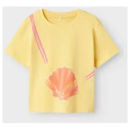 T-Shirt name it "NMFJASSA SS NREG TOP PB", M&auml;dchen, Gr. 92, braun (golden haze), Web, Obermaterial: 100% Baumwolle, bedruckt, regular fit, Rundhals, Shirts T-Shirt