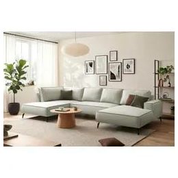 Wohnlandschaft Home Affaire "TVINNU, moderne U-Form, Couch in Cord oder Webstoff in Leinenoptik", hellgr&uuml;n, B:354cm H:83cm T:193cm, Sofas, Wohnlandschaft, Recamiere rechts/links, schwarze Metallf&uuml;&szlig;e, bequeme Sitz-/Liegefl&auml;che