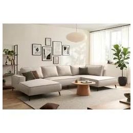 Wohnlandschaft Home Affaire "TVINNU, moderne U-Form, Couch in Cord oder Webstoff in Leinenoptik", hellbeige, B:354cm H:83cm T:193cm, Sofas, Wohnlandschaft, Recamiere rechts/links, schwarze Metallf&uuml;&szlig;e, bequeme Sitz-/Liegefl&auml;che