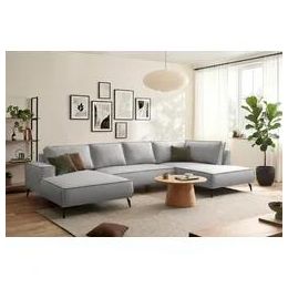 Wohnlandschaft Home Affaire "TVINNU, moderne U-Form, Couch in Cord oder Webstoff in Leinenoptik", silbergrau, B:354cm H:83cm T:193cm, Sofas, Wohnlandschaft, Recamiere rechts/links, schwarze Metallf&uuml;&szlig;e, bequeme Sitz-/Liegefl&auml;che
