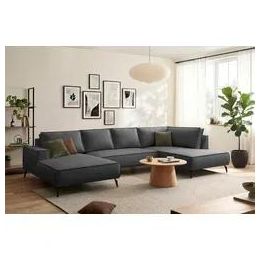 Wohnlandschaft Home Affaire "TVINNU, moderne U-Form, Couch in Cord oder Webstoff in Leinenoptik", anthrazit, B:354cm H:83cm T:193cm, Sofas, Wohnlandschaft, Recamiere rechts/links, schwarze Metallf&uuml;&szlig;e, bequeme Sitz-/Liegefl&auml;che