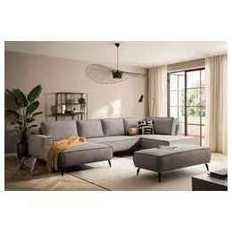 Wohnlandschaft Home Affaire "mit Hocker, TVINNU, moderne U-Form in Cord oder Leinenoptik", hellbraun, B:354cm H:83cm T:193cm, Sofas, Wohnlandschaft, Recamiere rechts/links, stellbar zum Schlafsofa (Krokodilverbinder)