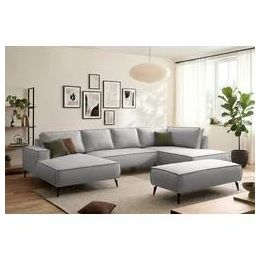 Wohnlandschaft Home Affaire "mit Hocker, TVINNU, moderne U-Form in Cord oder Leinenoptik", silbergrau, B:354cm H:83cm T:193cm, Sofas, Wohnlandschaft, Recamiere rechts/links, stellbar zum Schlafsofa (Krokodilverbinder)