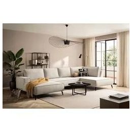 Wohnlandschaft Home Affaire "TVINNU, moderne U-Form, Couch in Cord oder Webstoff in Leinenoptik", hellbeige, B:354cm H:83cm T:193cm, Sofas, Wohnlandschaft, Recamiere rechts/links, schwarze Metallf&uuml;&szlig;e, bequeme Sitz-/Liegefl&auml;che