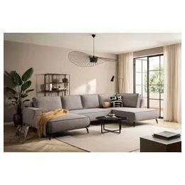 Wohnlandschaft Home Affaire "TVINNU, moderne U-Form, Couch in Cord oder Webstoff in Leinenoptik", hellbraun, B:354cm H:83cm T:193cm, Sofas, Wohnlandschaft, Recamiere rechts/links, schwarze Metallf&uuml;&szlig;e, bequeme Sitz-/Liegefl&auml;che