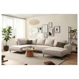 Wohnlandschaft Home Affaire "TVINNU, moderne U-Form, Couch in Cord oder Webstoff in Leinenoptik", hellbeige, B:354cm H:83cm T:193cm, Sofas, Wohnlandschaft, Recamiere rechts/links, schwarze Metallf&uuml;&szlig;e, bequeme Sitz-/Liegefl&auml;che