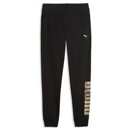 Trainingshose Puma "ESS LOGO LAB METALLIC SWEATPANTS TR CL", Damen, Gr. XL, N-Gr, Puma schwarz, Sweatware, Obermaterial: 68% Baumwolle, 32% Polyester, bedruckt, regular fit normal, Hosen Trainingshose, mit Eingrifftaschen, Regular Fit, sportlicher Stil