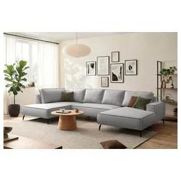 Wohnlandschaft Home Affaire "TVINNU, moderne U-Form, Couch in Cord oder Webstoff in Leinenoptik", silbergrau, B:354cm H:83cm T:193cm, Sofas, Wohnlandschaft, Recamiere rechts/links, schwarze Metallf&uuml;&szlig;e, bequeme Sitz-/Liegefl&auml;che