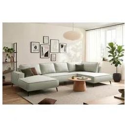Wohnlandschaft Home Affaire "TVINNU, moderne U-Form, Couch in Cord oder Webstoff in Leinenoptik", hellgr&uuml;n, B:354cm H:83cm T:193cm, Sofas, Wohnlandschaft, Recamiere rechts/links, schwarze Metallf&uuml;&szlig;e, bequeme Sitz-/Liegefl&auml;che