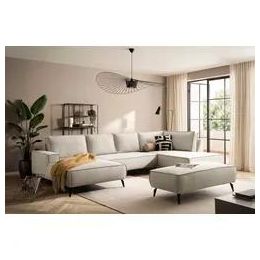 Wohnlandschaft Home Affaire "mit Hocker, TVINNU, moderne U-Form in Cord oder Leinenoptik", hellbeige, B:354cm H:83cm T:193cm, Sofas, Wohnlandschaft, Recamiere rechts/links, stellbar zum Schlafsofa (Krokodilverbinder)
