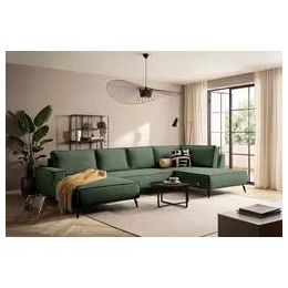 Wohnlandschaft Home Affaire "TVINNU, moderne U-Form, Couch in Cord oder Webstoff in Leinenoptik", dunkelgr&uuml;n, B:354cm H:83cm T:193cm, Sofas, Wohnlandschaft, Recamiere rechts/links, schwarze Metallf&uuml;&szlig;e, bequeme Sitz-/Liegefl&auml;che