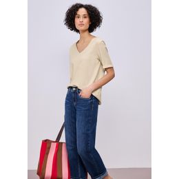 Kurzarmshirt Street One, Damen, Gr. 34, smoke beige, Jersey, Obermaterial: 100% Baumwolle, unifarben, normal h&uuml;ftbedeckend, V-Ausschnitt, abgesteppte Kante, Shirts, mit V-Ausschnitt