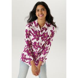 Hemdbluse Aniston SELECTED, Damen, Gr. 46, rosa (pink, rosa, gelb, schwarz), Web, Obermaterial: 100% Viskose, bedruckt, gebl&uuml;mt, figurumspielend h&uuml;ftbedeckend, 2-Knopf-Manschette, Blusen Hemdbluse, mit malerisch gro&szlig;en Bl&uuml;tendruck