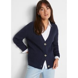 Strickjacke bonprix, Damen, Gr. 44/46 (L), blau (dunkelblau), Strick, Obermaterial: 100% Polyacryl, unifarben, loose fit normal, V-Ausschnitt, gerader Abschluss, Strickjacken Strickjacke, lockere Passform, Ripp-Optik, unifarben, mit 3-Knopf-Verschluss
